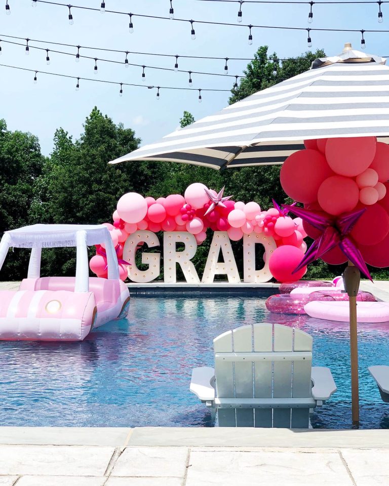 Pool Balloon Installation | Doorway Balloon Arch Event Decor | Just Peachy